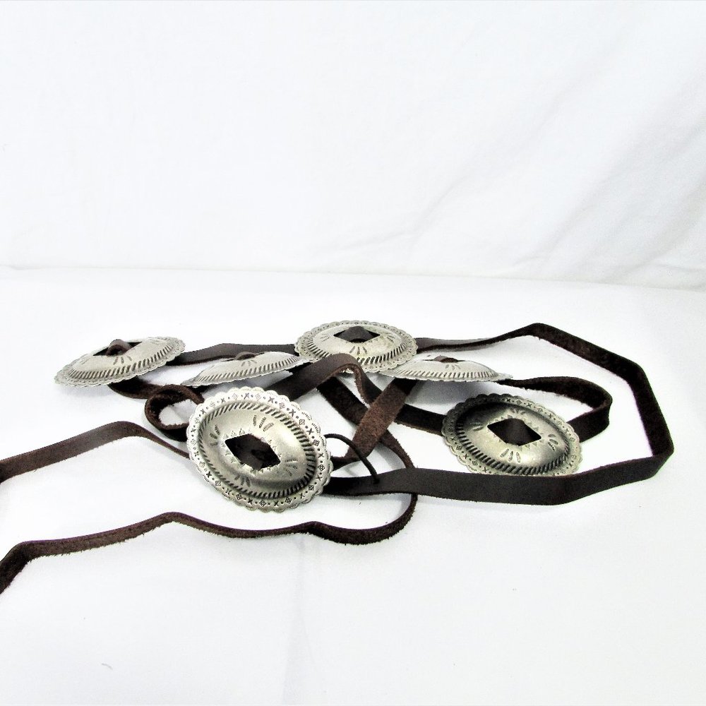 German Silver Conchos Brown Leather Tie Belt 54" - Gem